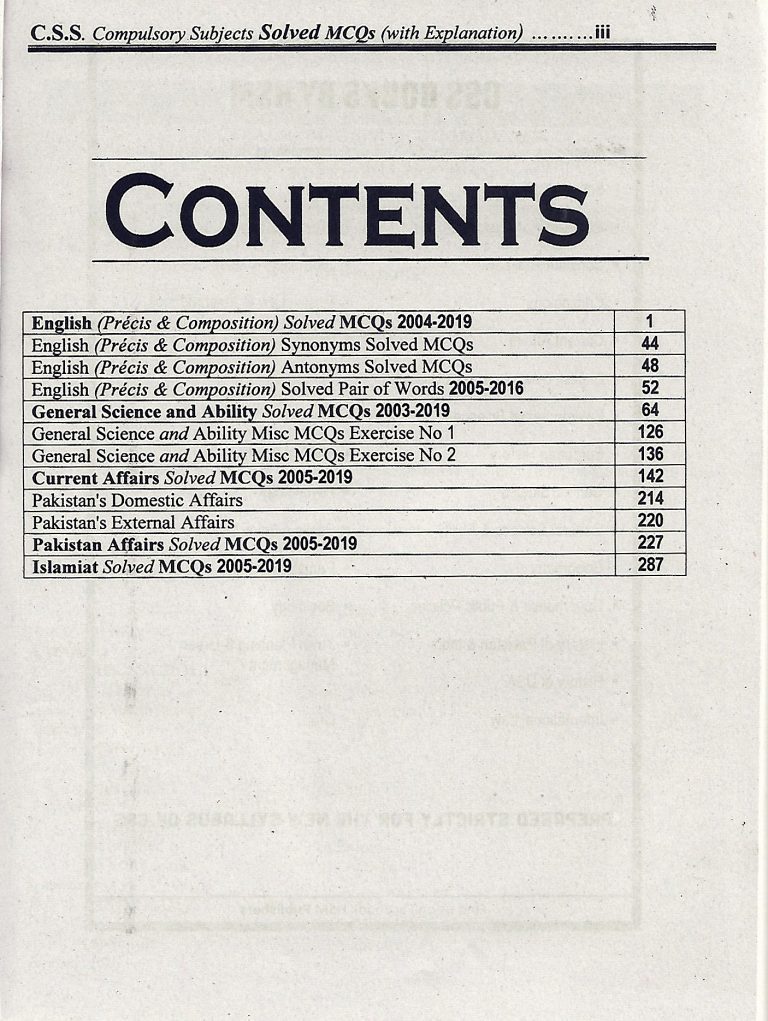 CSS Solved MCQs Table of Content - CSS Books Point